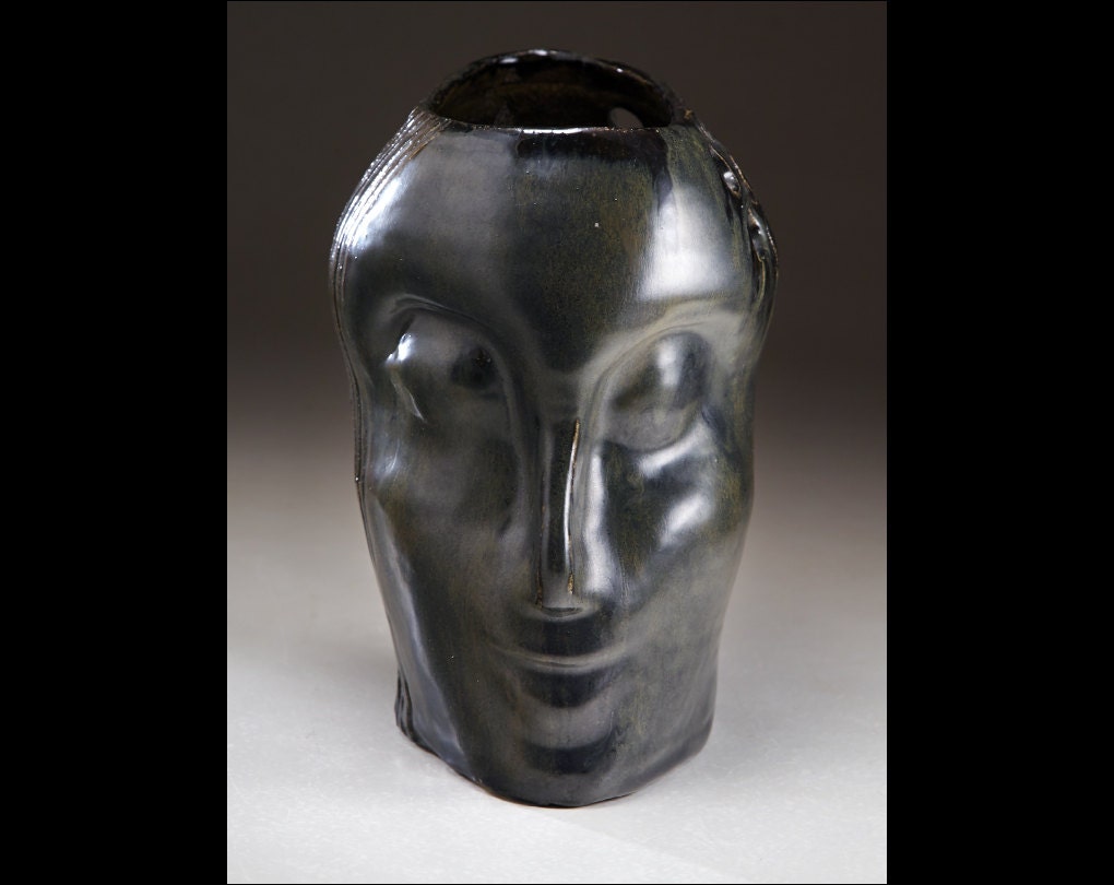 Handmade Ceramic Vase in Shape of Human Head in Black by Boris