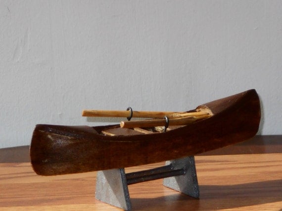 Handcrafted Miniature Wooden Canoe with Oars