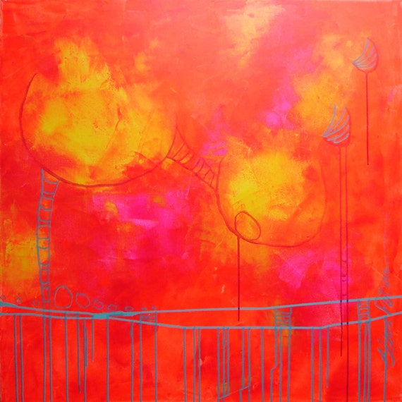 pink orange abstract painting large painting by ElenasArtStudio