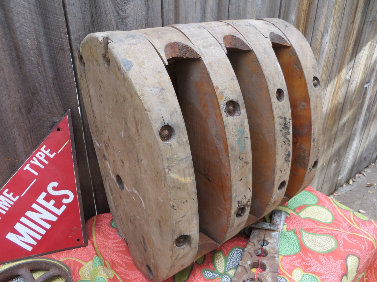 Large Wood 12 Triple Pulley / Block and Tackle: by MerlesVintage