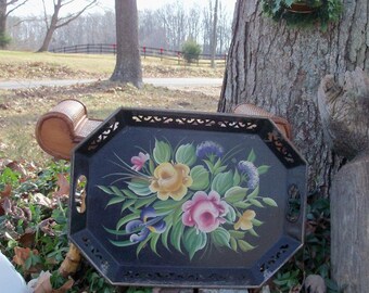 Metal Tray Tole Painting Antique Serving Authentic Decor