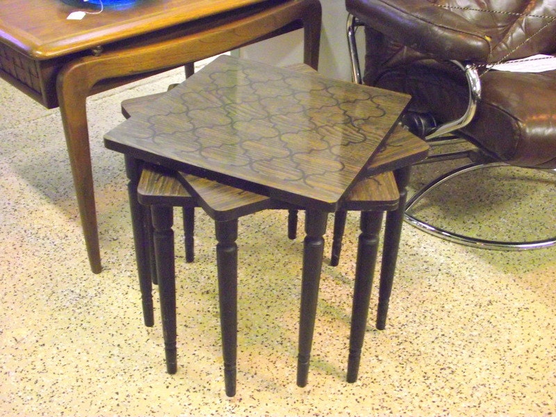 3 Mid Century Stacking Tables Wood Fancy Lattice Design Formica Tops ...