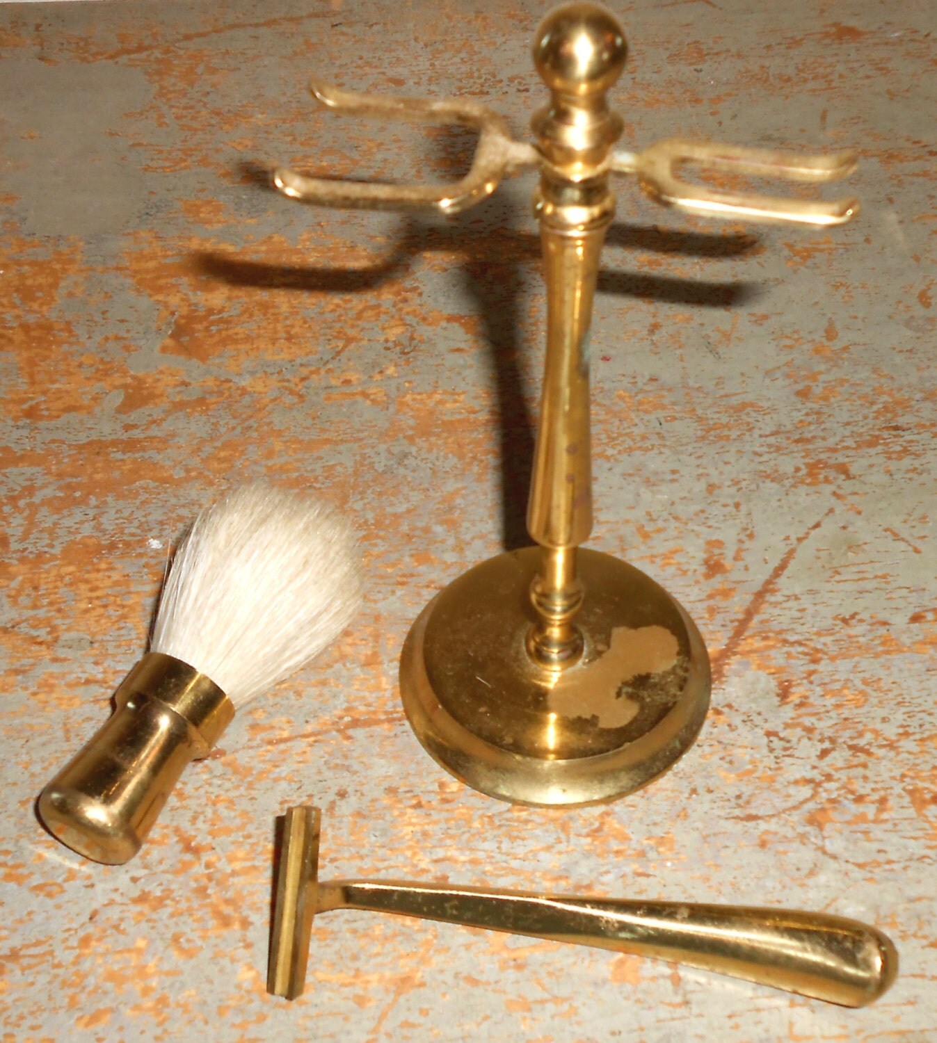 Vintage Shaving Set Brass Brush Razor and Stand Mad by TheBackShak