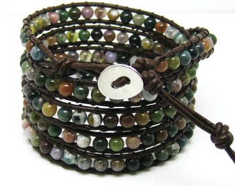 Multi Agate Stone 5 Wrap Handmade Bracelet on Dark Brown Leather With 925 Silver Button L562