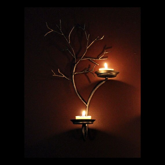 Left Hand Two candle metal tree sculpture wall sconce for