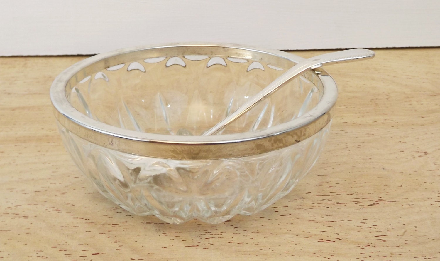 Vintage Small Cut Glass Bowl and Spoon with Silver Rim - Made in Italy ...