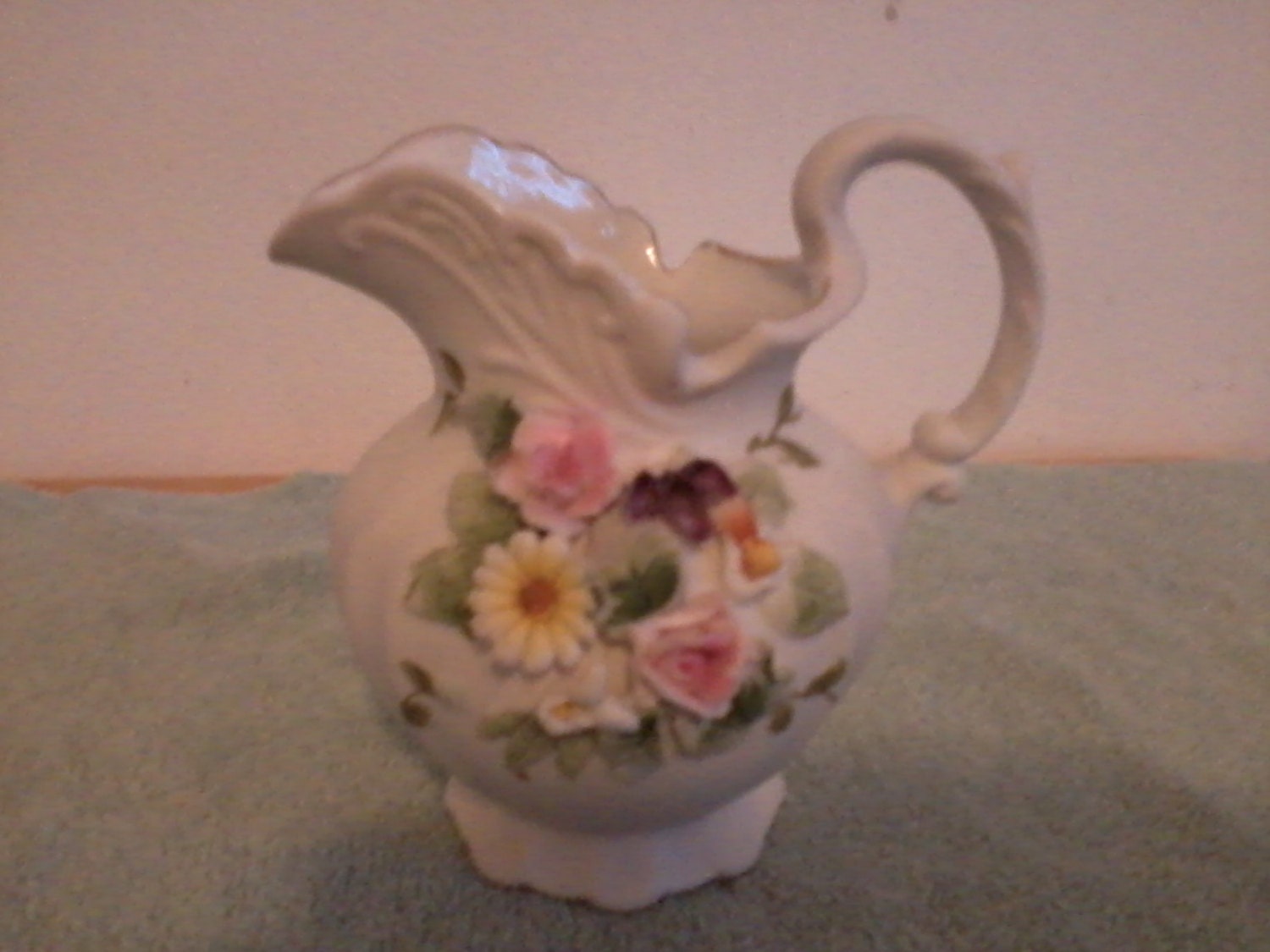 Lefton China co. Porcelain Small Pitcher with Raised Flowers Gold Trim ...