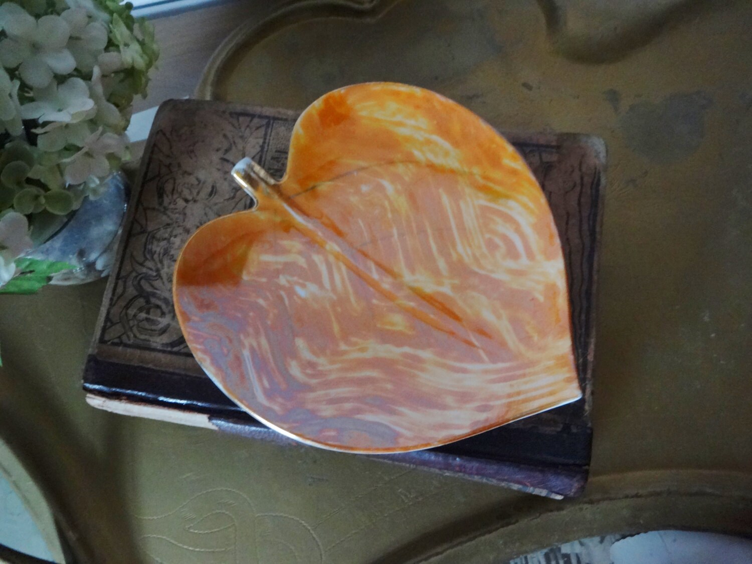 Vintage Orange lusterware leaf plate, hand painted beautiful leaf ...