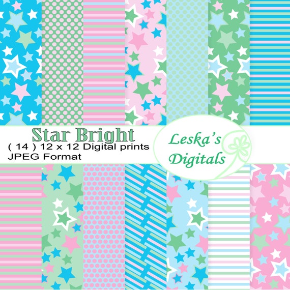 Pink and Blue Digital Paper Pink Stars Polka Dots Stripes