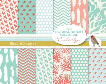 Mint & Coral Watercolor Digital Paper Printable Patterns of