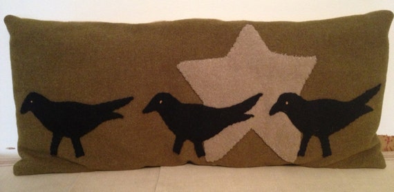Items similar to Pillow of wool appliqué crows and star on Etsy
