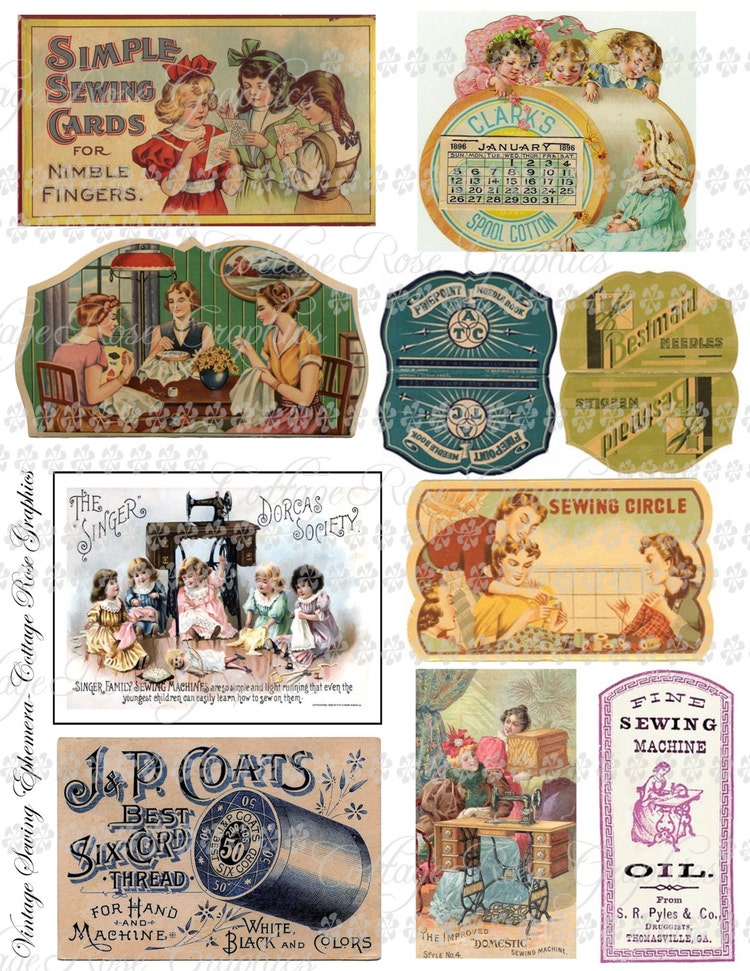 Vintage Sewing thread labels Large digital by CottageRoseGraphics