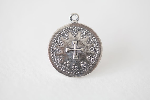 Sterling Silver Round Cross Pendant lightly oxidized 925
