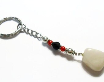 Snow Quartz Key ring, white quartz stone and lava rock bead keychain ...