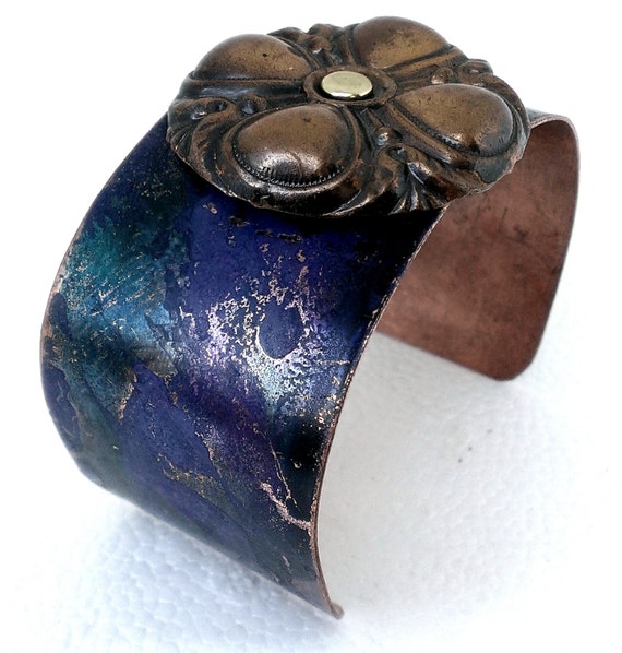 Items similar to Purple Patina Copper Cuff with Bronze Rosette on Etsy