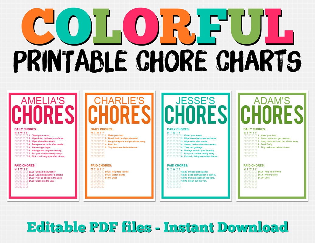 Colorful Customizable Chore Chart Pack Instant Download