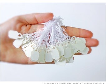 100 White Jewelry Tags • Pre Strung Tags (White cotton strings) 1/2" x ...