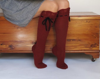 Knee High Socks Classic Red Lace with Black Ties hand knit