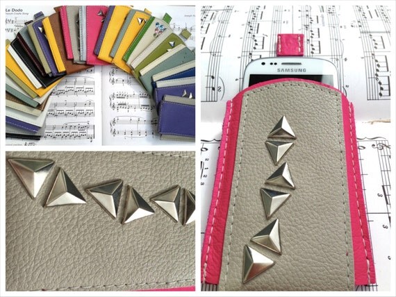 Items similar to Genuine Leather Studded Phone Case Grey/Pink on Etsy