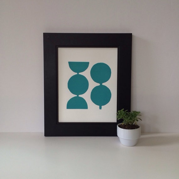 Teal Modern Minimal Linocut Geometric Circles Art by modernlinocut
