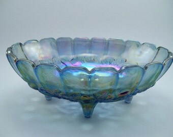 Vintage Iridescent Blue Carnival Glass Footed Oval Fruit Bowl Indiana ...