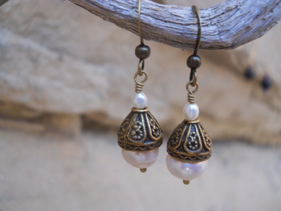 Ancient Oak Lore Bronze and White Pearl Oak Acorn Earrings for