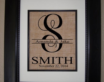 Personalized Swirly Split Monogram Burlap Print Wedding Gift ...