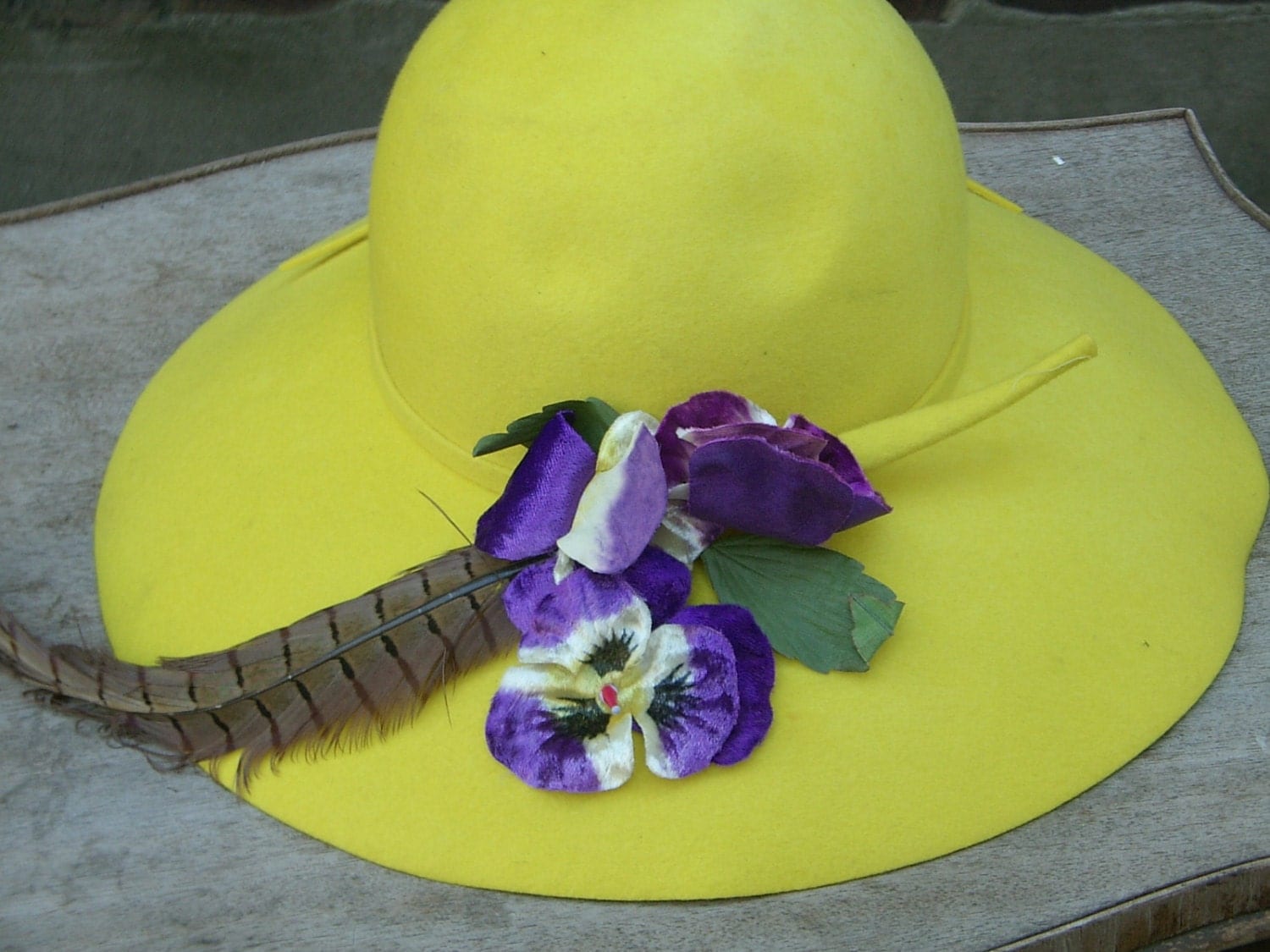 Vintage 1980’s Adolfo II lemon yellow wool women’s hat with feather ...