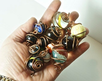 Wire wrapped marble pendants. copper. glass. No.3041