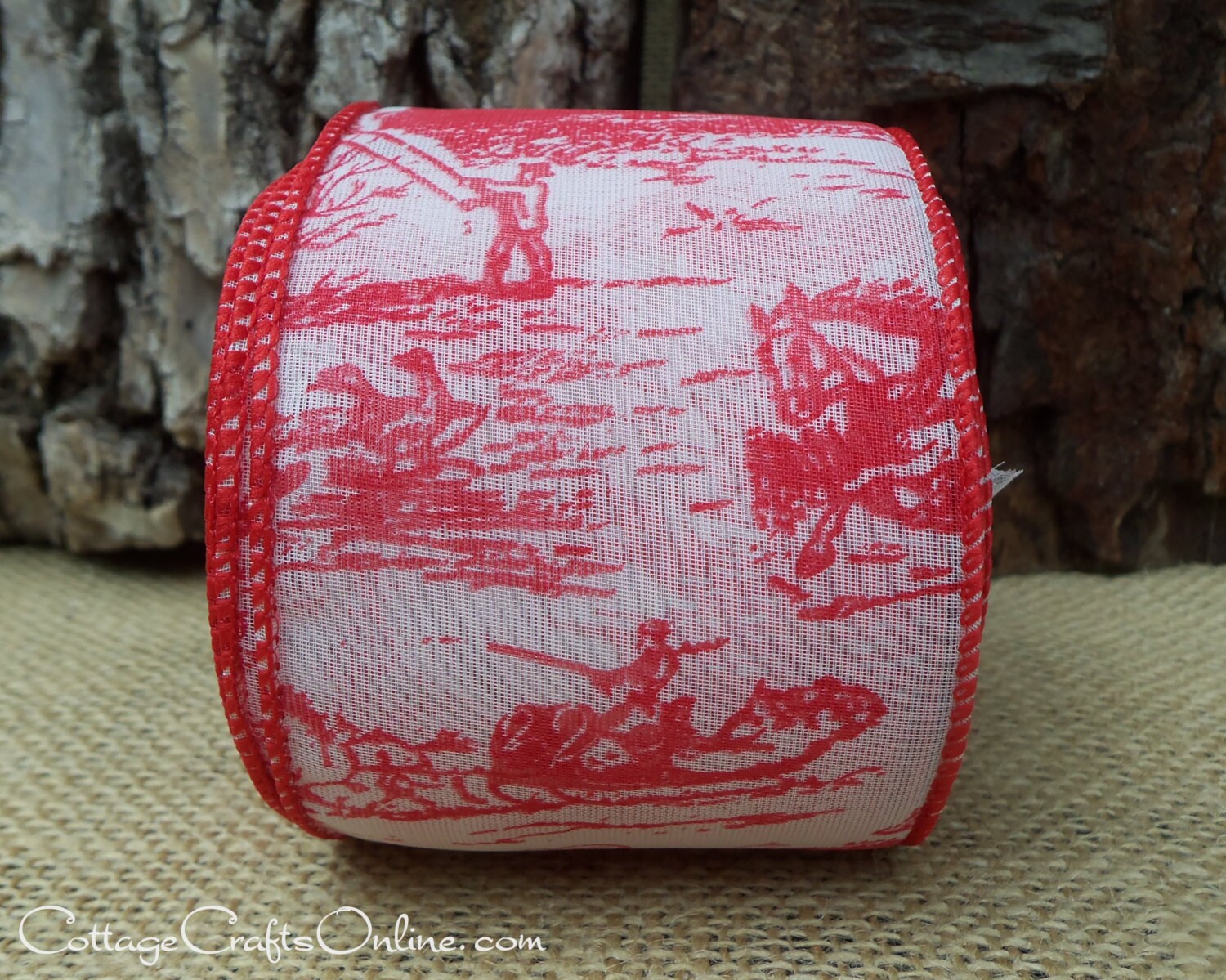 Wired Ribbon 2 1/2 wide Red Toile Semi Sheer Print