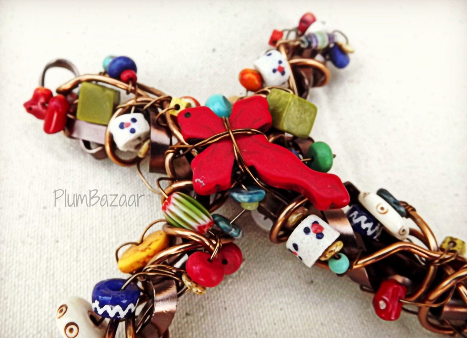 Handmade bohemian wire wrapped beaded cross wall decor