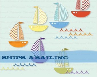 Nautical Clip Art Sail Boat Clipart Red and Navy Digital