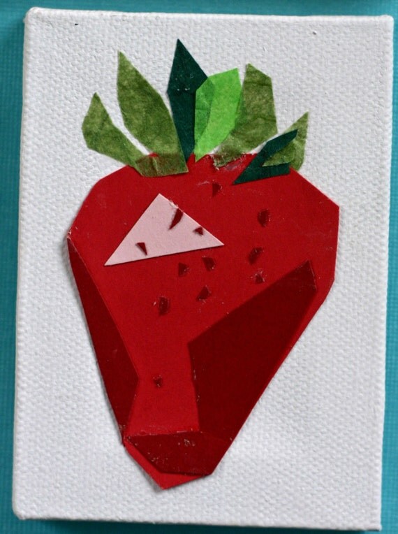 Paper collage strawberry on canvas red fruit mini small