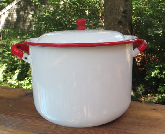 Vintage White Enamel Cooking Pot Red and White Cookware