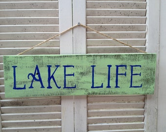 Salvaged Wood Mint Green and Cobalt Blue Lake Life Sign Wooden Rustic ...