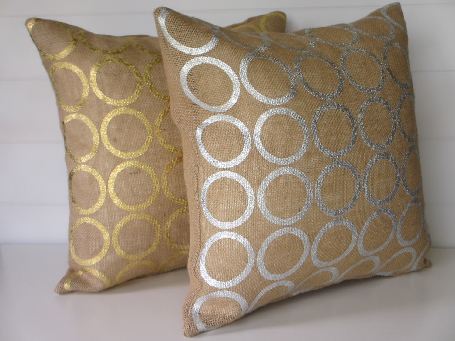 Burlap Pillow Cover Metallic Silver or Gold Circles Metallic