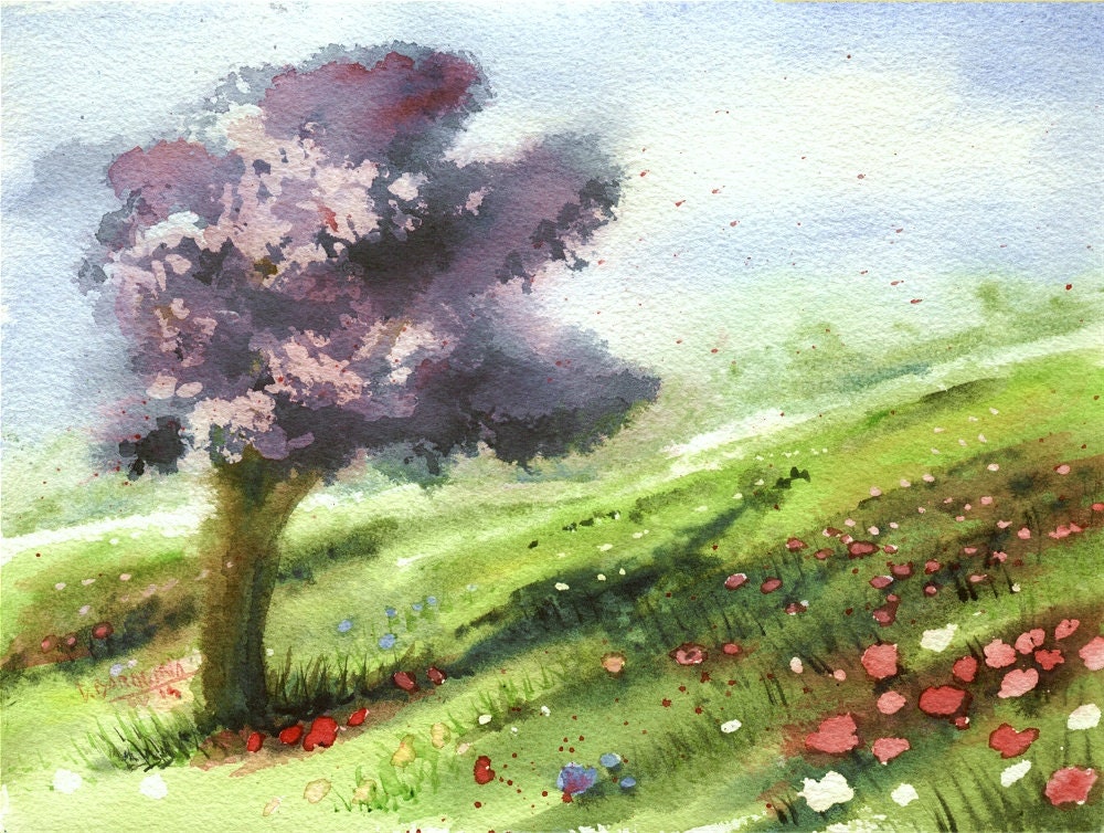 Original Spring Watercolor Landscape April Meadow