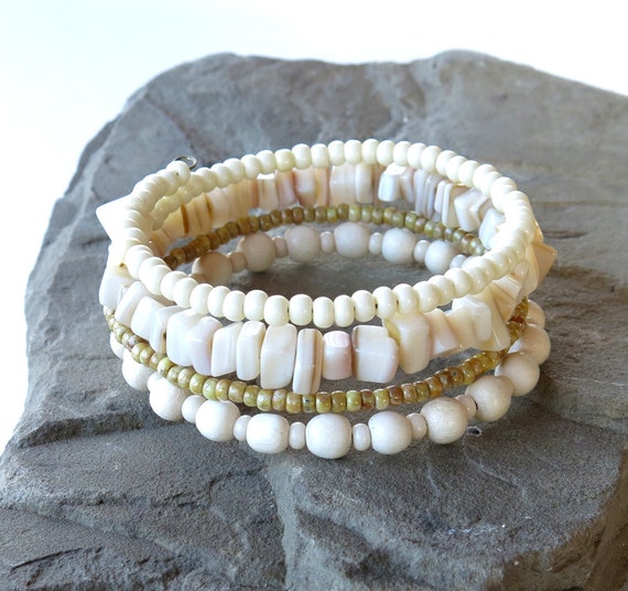 Beaded bracelet stack stacking summer white & beige bead