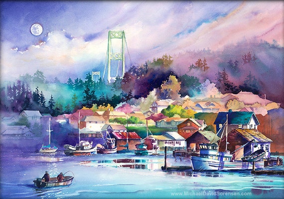 Gig Harbor Watercolor Painting Print. by MichaelDavidSorensen