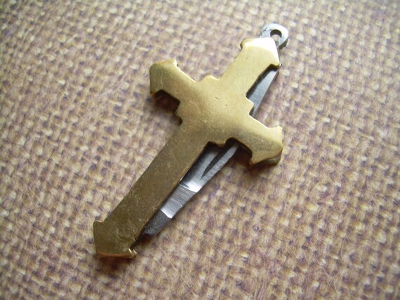 Hidden Knife Cross Pendant-Vintage Polished Brass