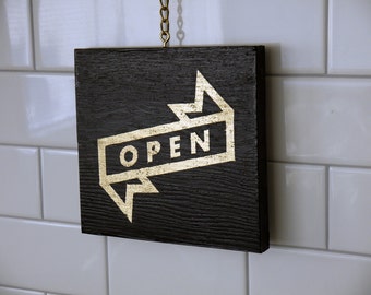 Open Closed Sign - 2 Sided Painted Wood Sign - Gold Leaf - 7" x 8" Shop ...