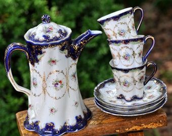 Chocolate Pot Blue Floral, Antique Hot chocolate pot set, porcelain ...