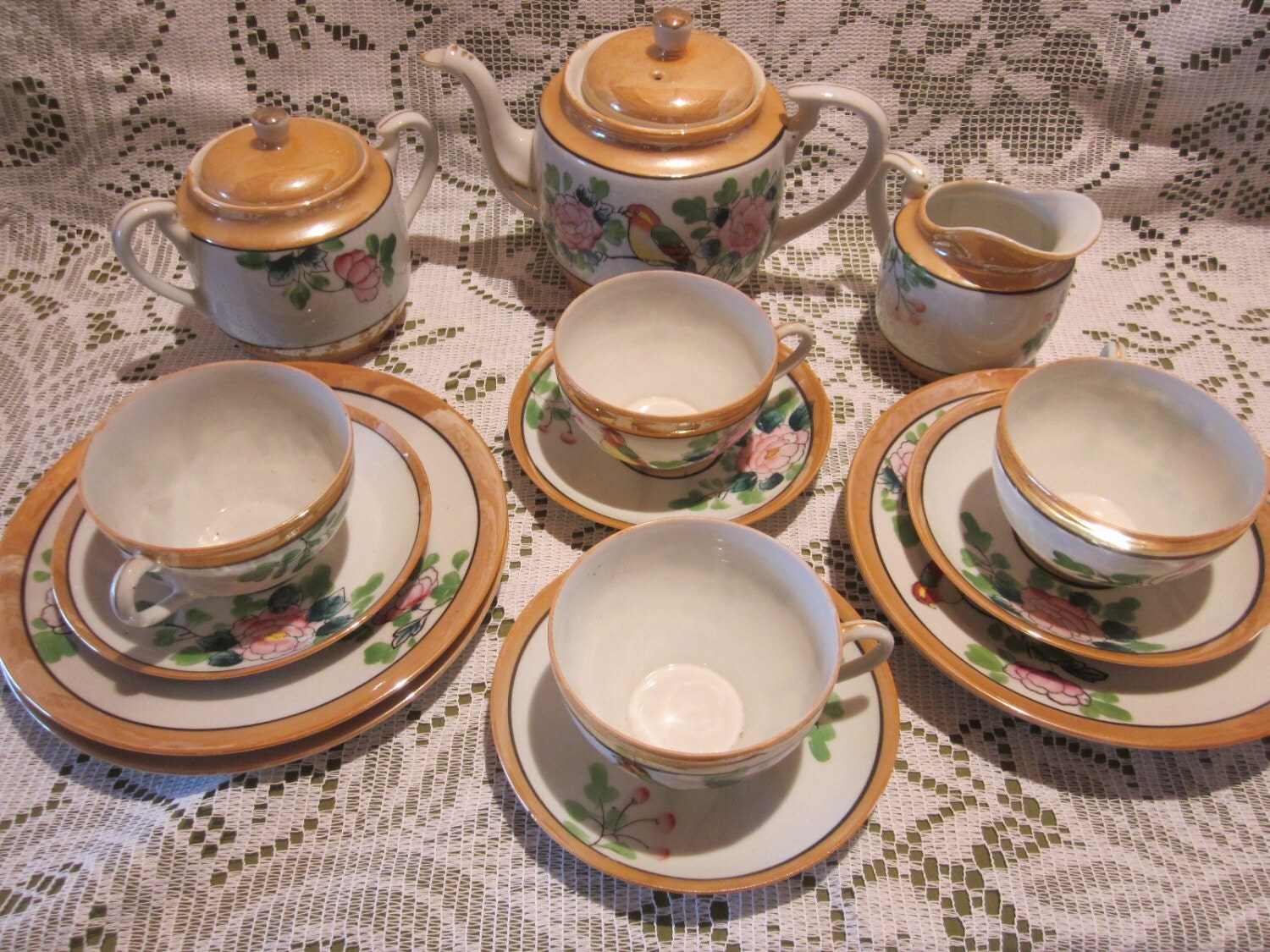 Lusterware Tea Set with Tea Pot, Sugar and Creamer, Cups and Saucers ...