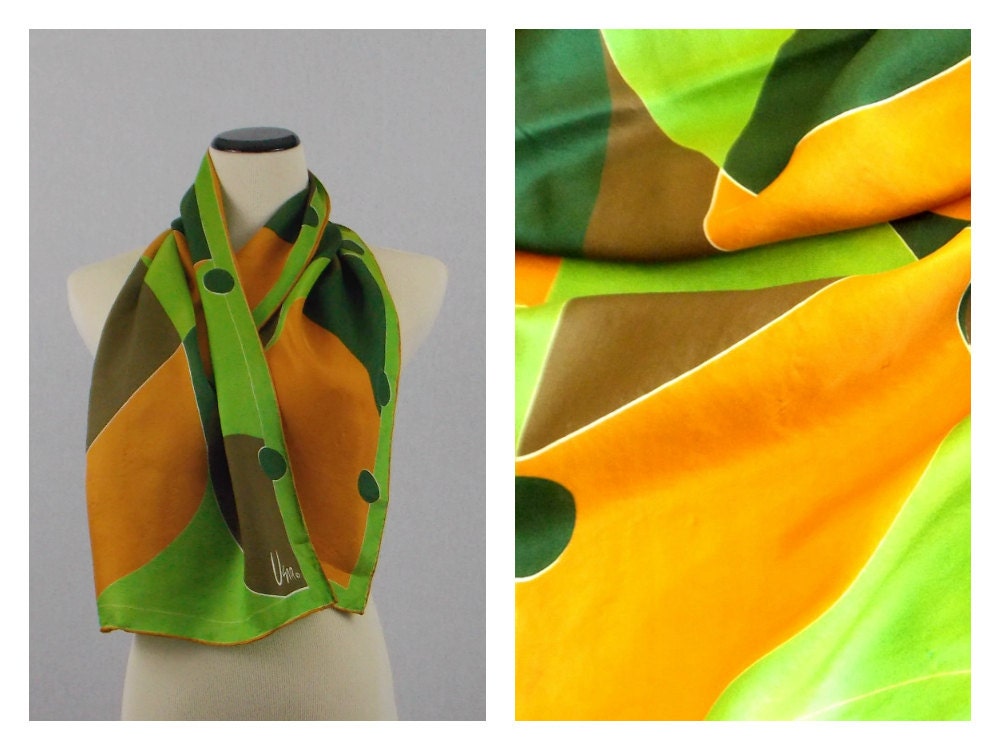 Vera Neumann Silk Blend Scarf – Green Brown and Orange Op Art – Vintage ...