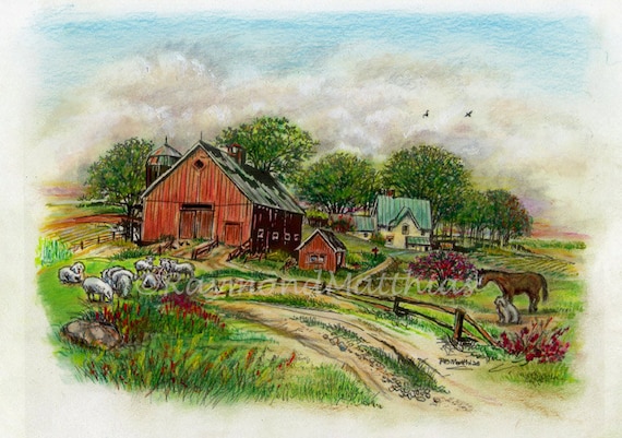 Barn farm spring summer pen and ink watercolor fine art print