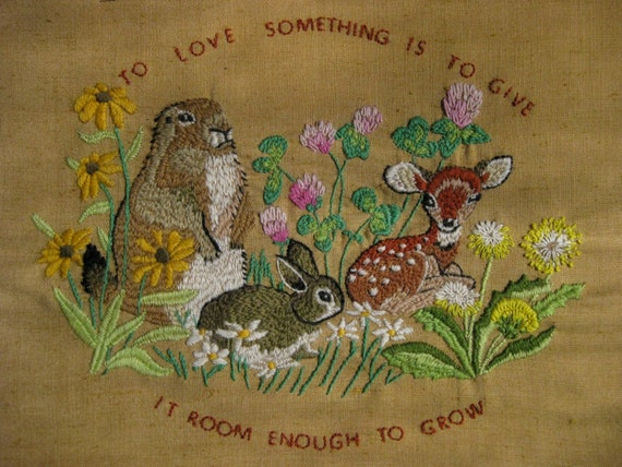 Woodland creatures crewel embroidery Vintage Erica Wilson