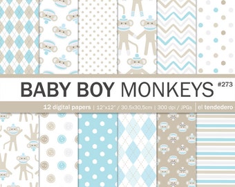 Baby digital paper pack "baby boy monkeys" with sock monkey patterns ...