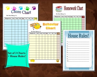 Set of 3 Kids Charts Chore Chart, Plus House Rules Chart, Homework ...