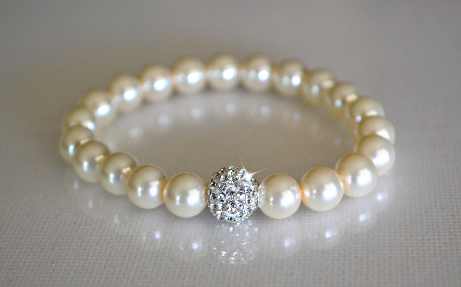 Pearl Bracelet with Crystal Ball Bead by HeartofGems on Etsy