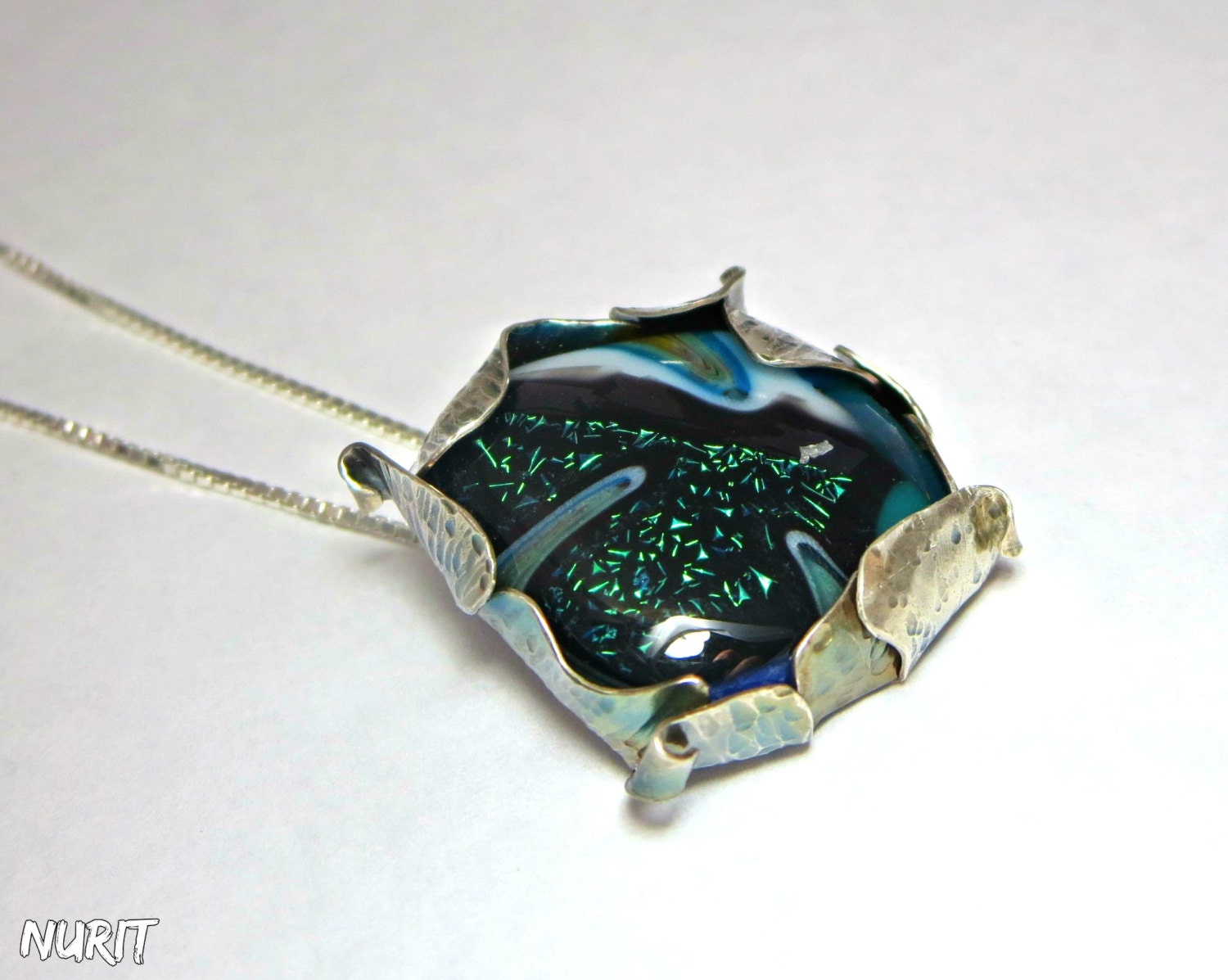 Abstract pendant Sterling silver necklace green necklace